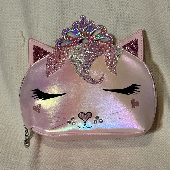 Bags | Omg Assessories Pink Glitter Cat Cosmetic Bag | Poshmark